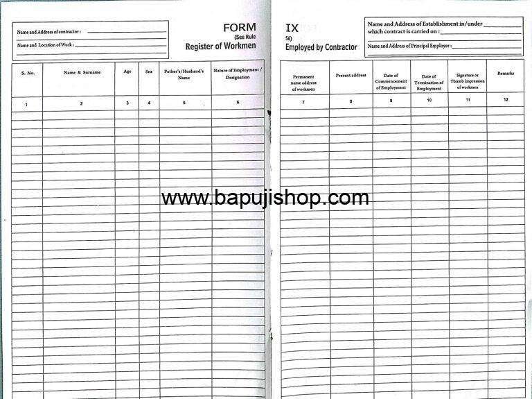 Workmen Register Form 9 Employed by Contractor - See Price