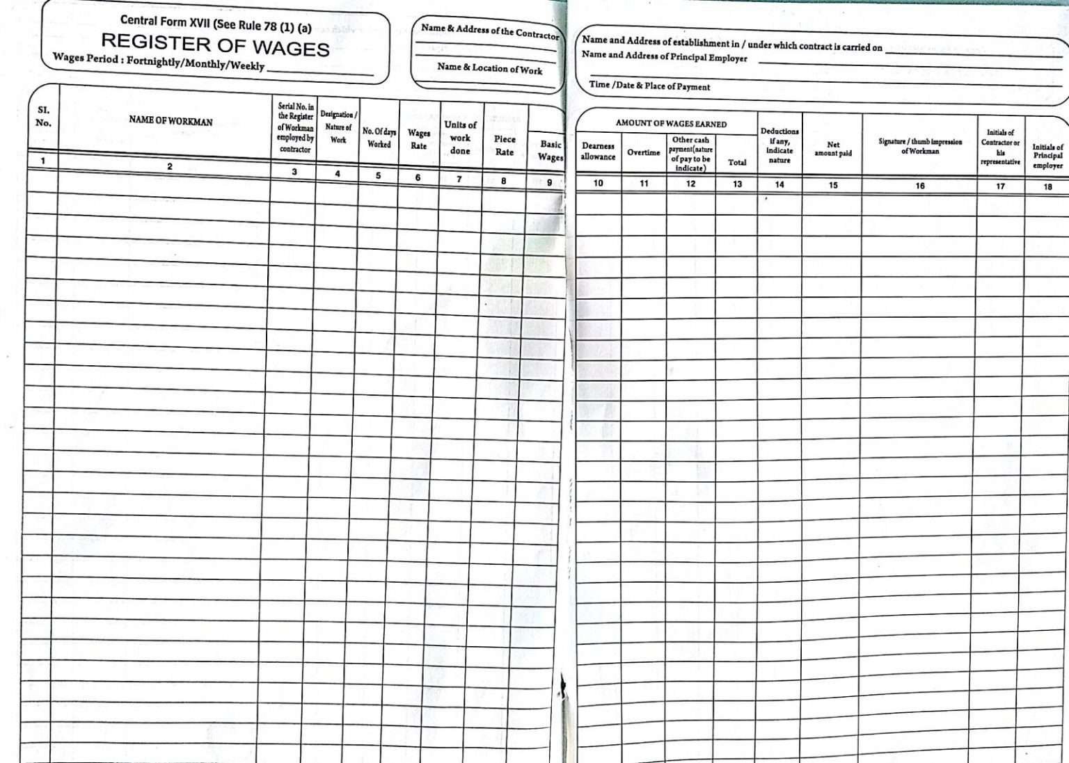 Form XVII Wages Register of Wages - Bapuji best for Compliance