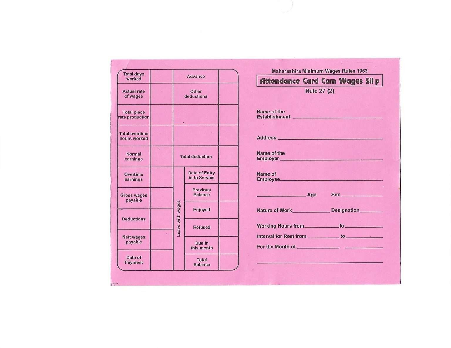 Thick Quality Labour Attendance Card - from Bapuji since 1948