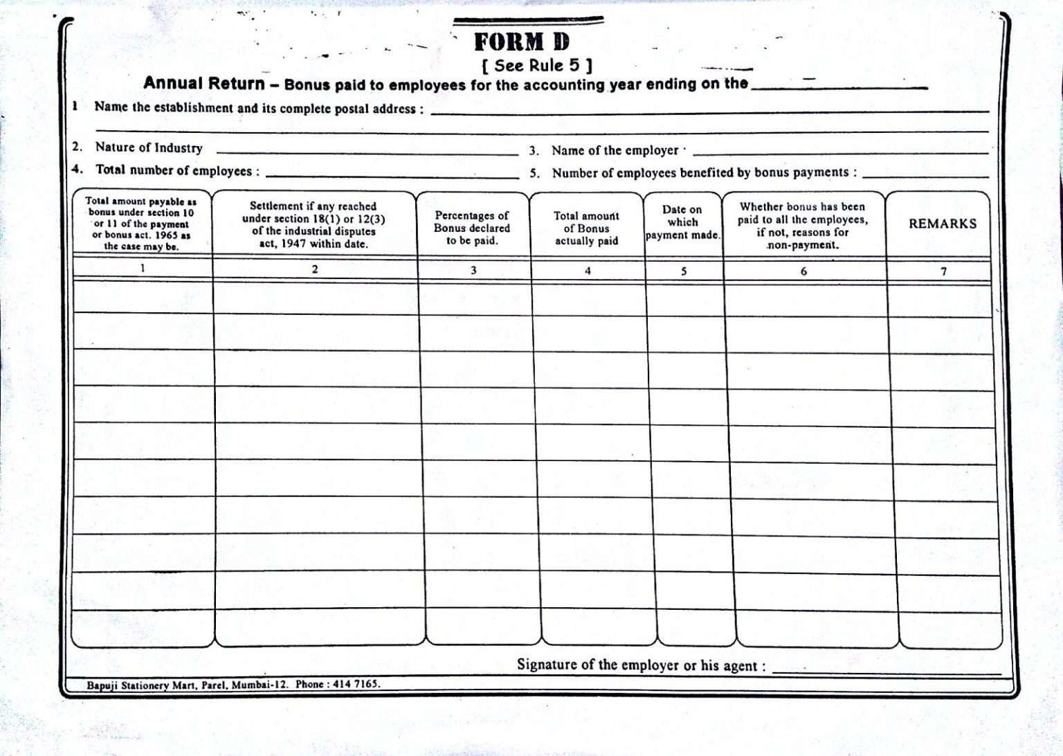 Get Form D bonus annual return - from Bapuji (top reputed 1948)