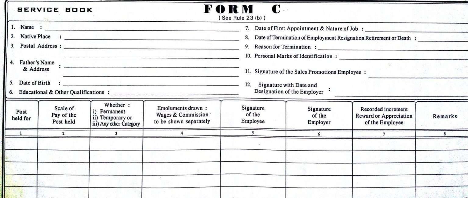 Service book Form C Cards - Set of 10 for Sales Promotion Employees ...