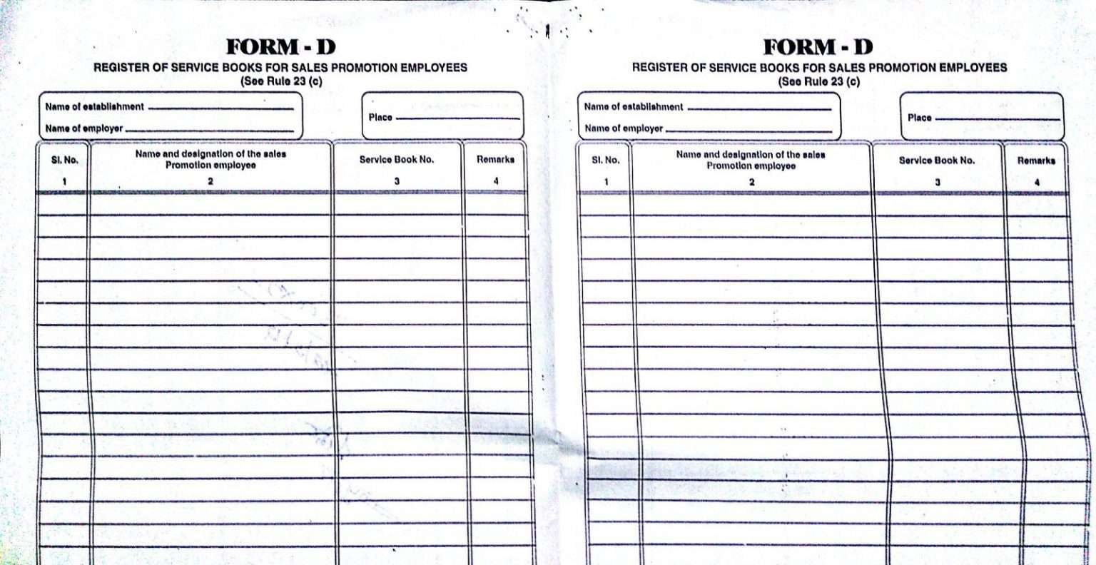 Form D Register of Service books for Sales Promotion Employees Rule 23 ...