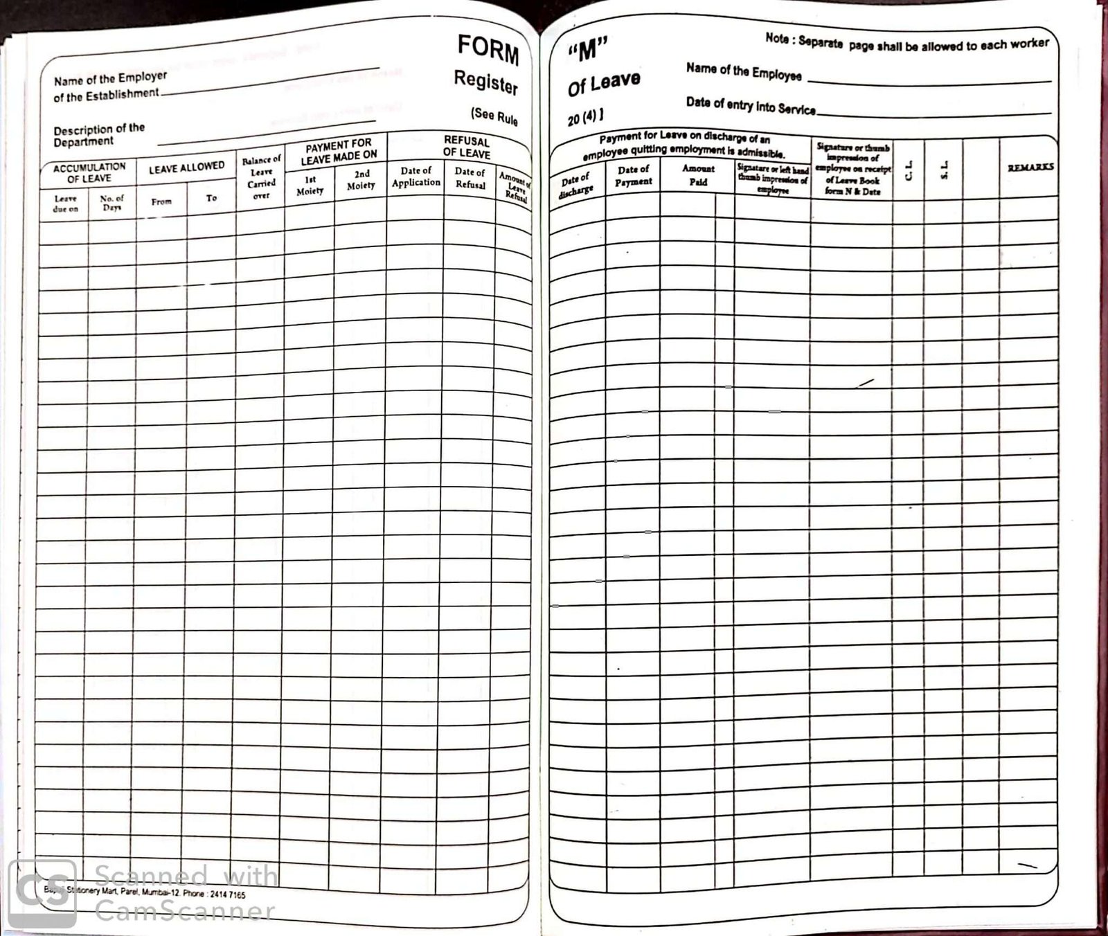Leave register Form M CL New Format - Bapuji Mumbai stationery