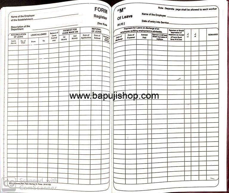 Leave register Form M CL New Format - Bapuji Mumbai stationery