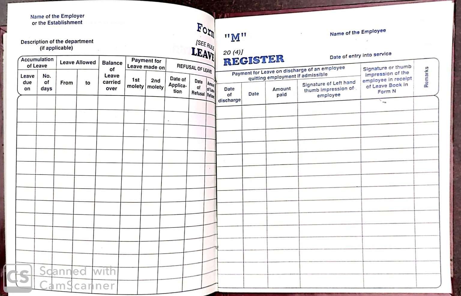 See Form M Register of Leave form 20 - Bapuji Mumbai (since 1948)