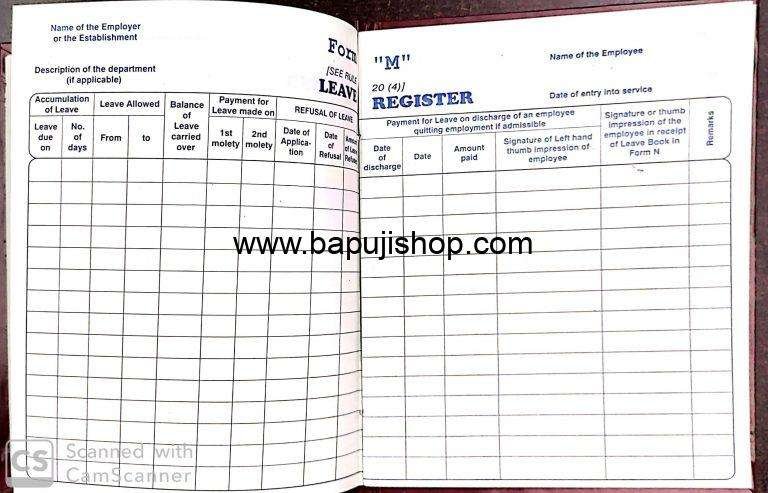 See Form M Register of Leave form 20 - Bapuji Mumbai (since 1948)
