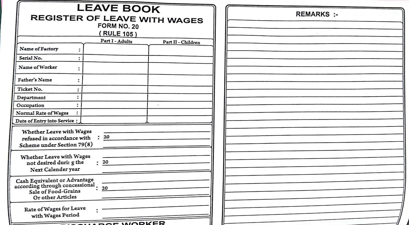 Leave Register - Form 20 with Wages From Bapuji Mumbai