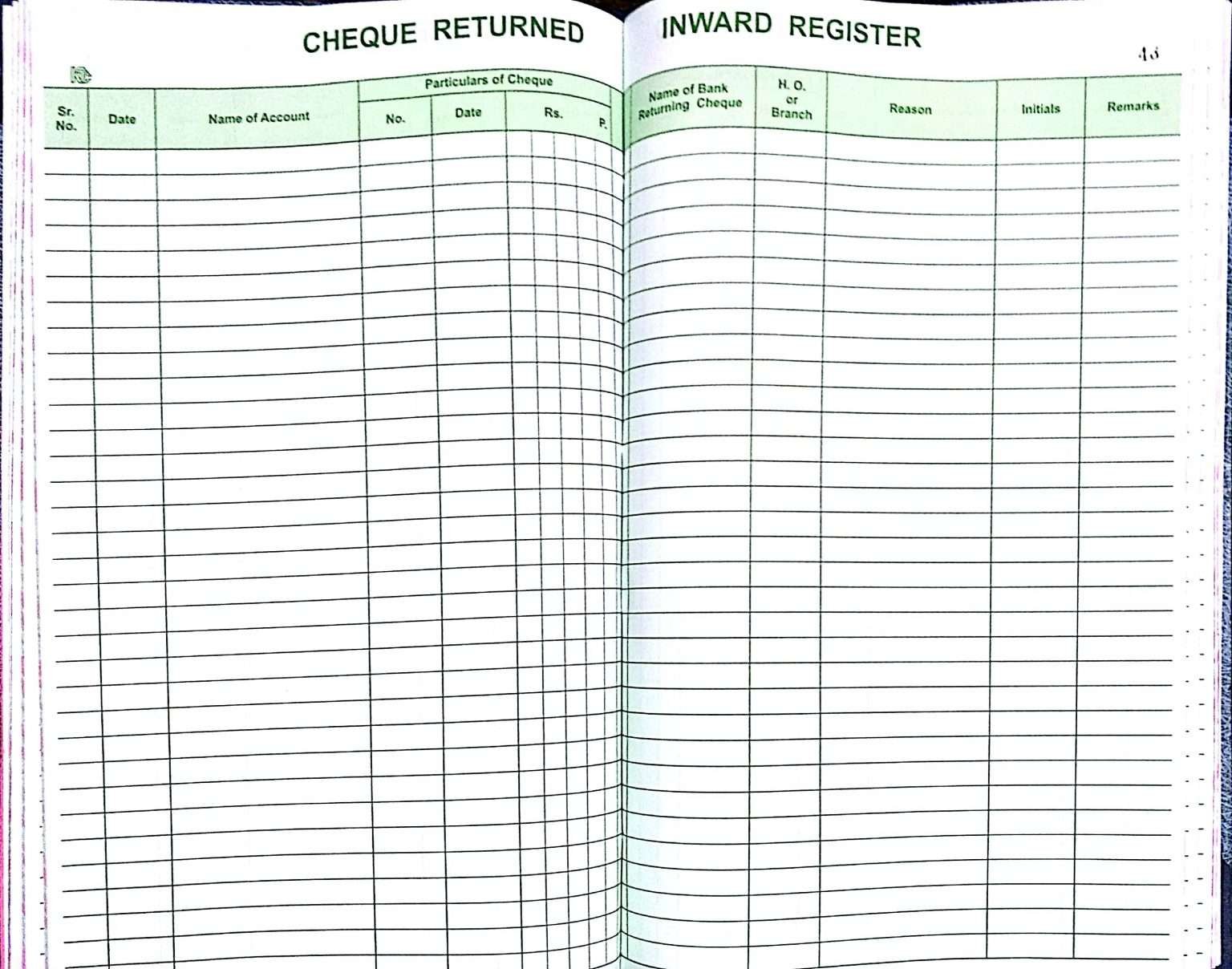 Cheque Returned Inward Register - From Bapuji Stationery Mart
