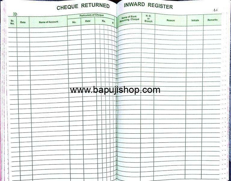 Cheque Returned Inward Register - From Bapuji Stationery Mart