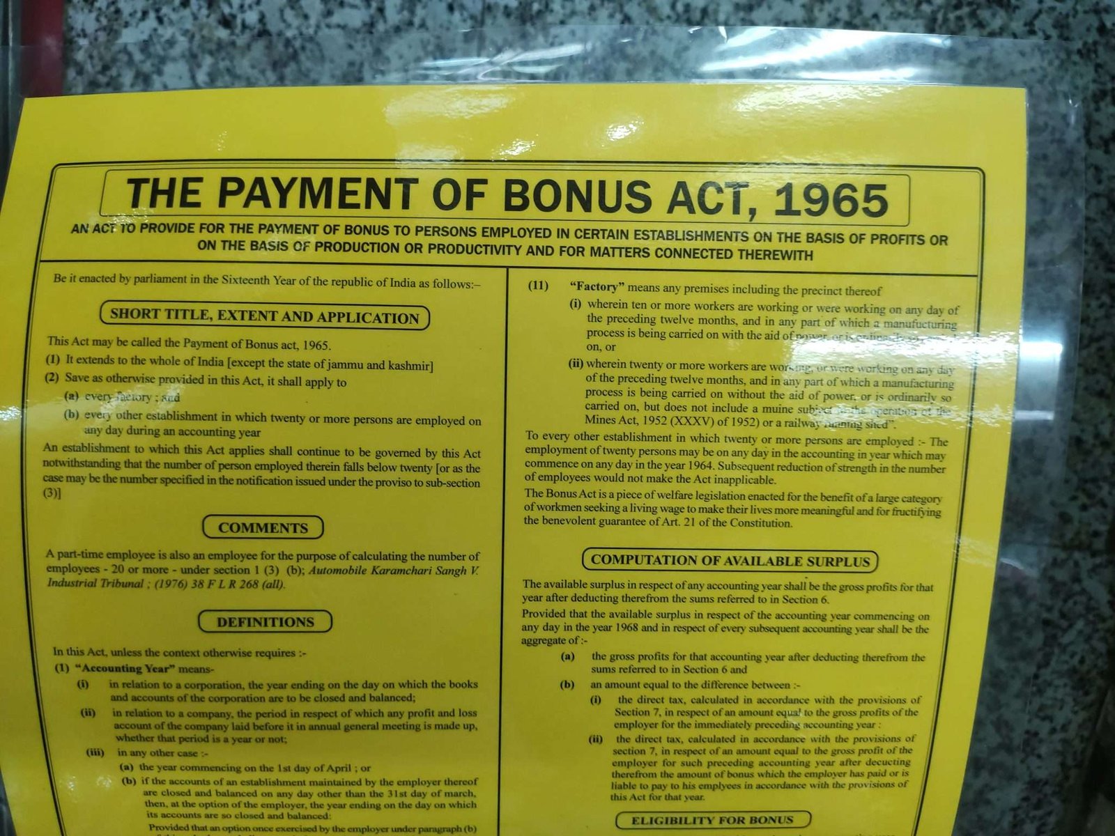 Abstract of Bonus Act - From Bapuji Stationery(established 1948)