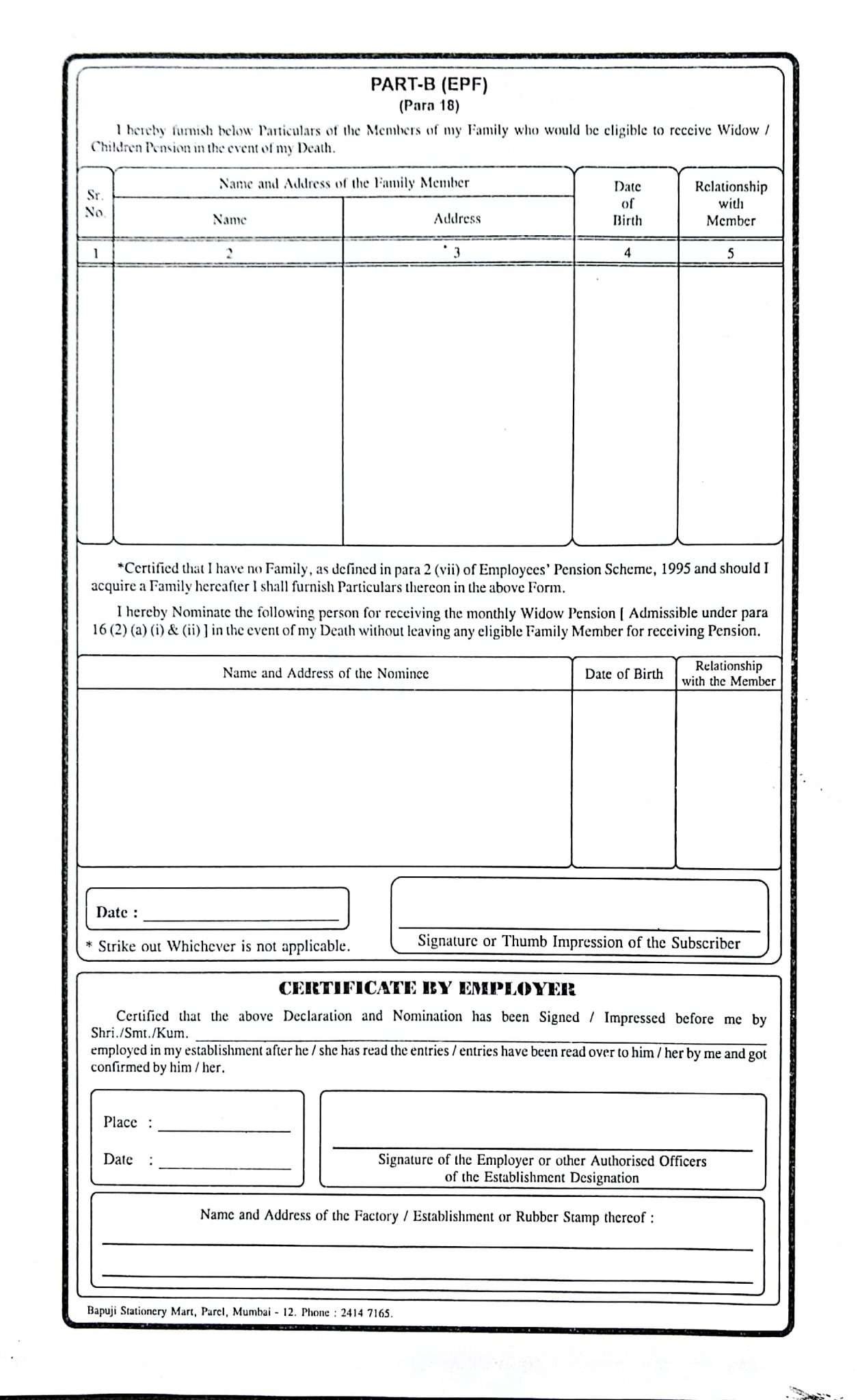 epf form 2 - from Bapuji Stationery Mart (since 1948) for office ...